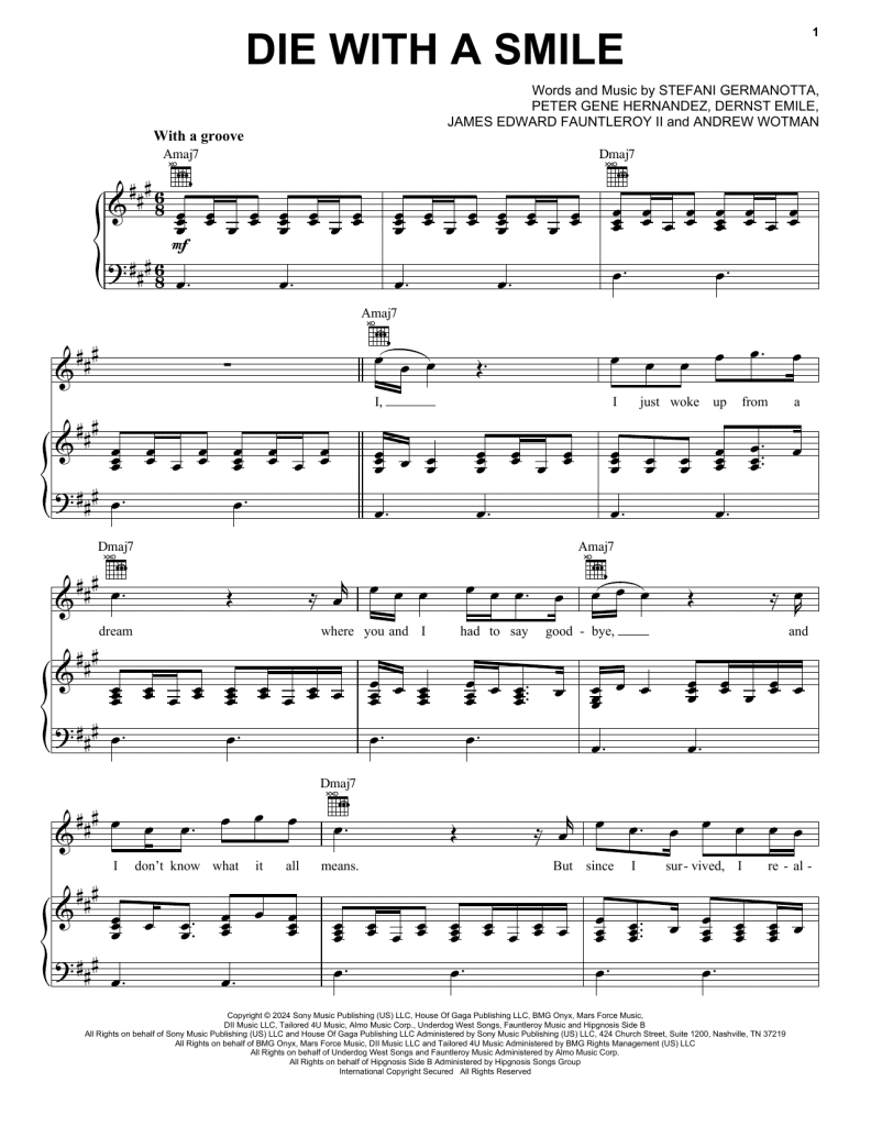 Lady Gaga Die With a Smile Sheet Music for Piano ft. Bruno Mars - Easy ...